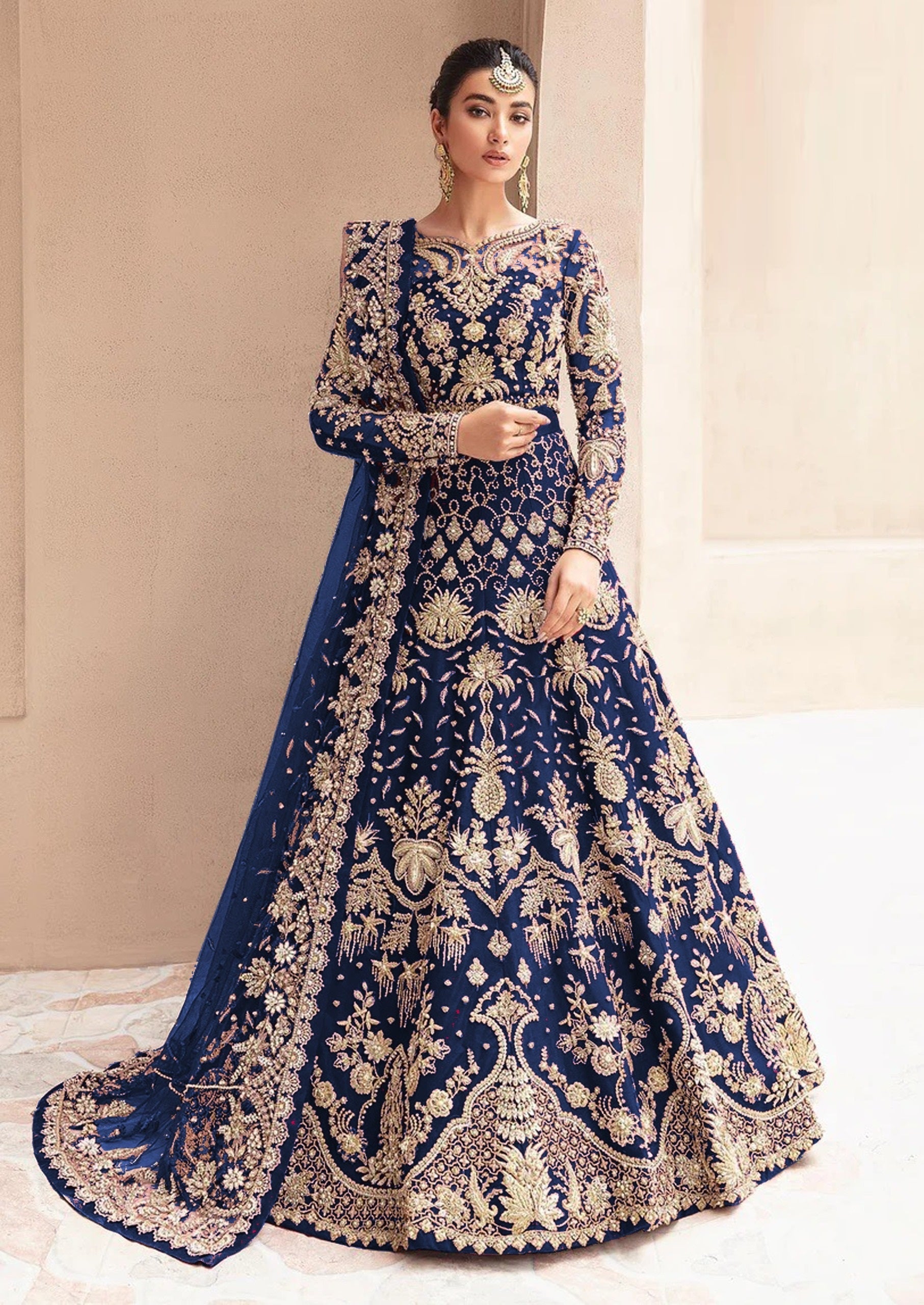 Bridal Anarkali Gown in Blue Color with net fabric – Kapda Design
